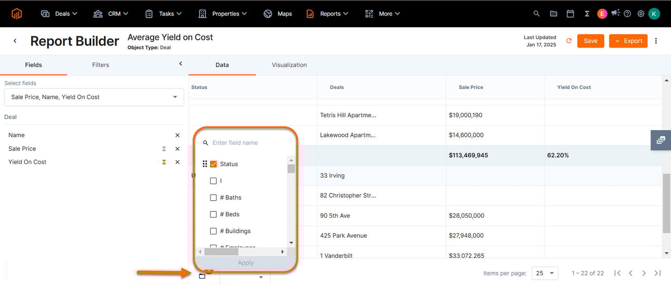Select a Summary Type for Subtotals on Report Builder Fields